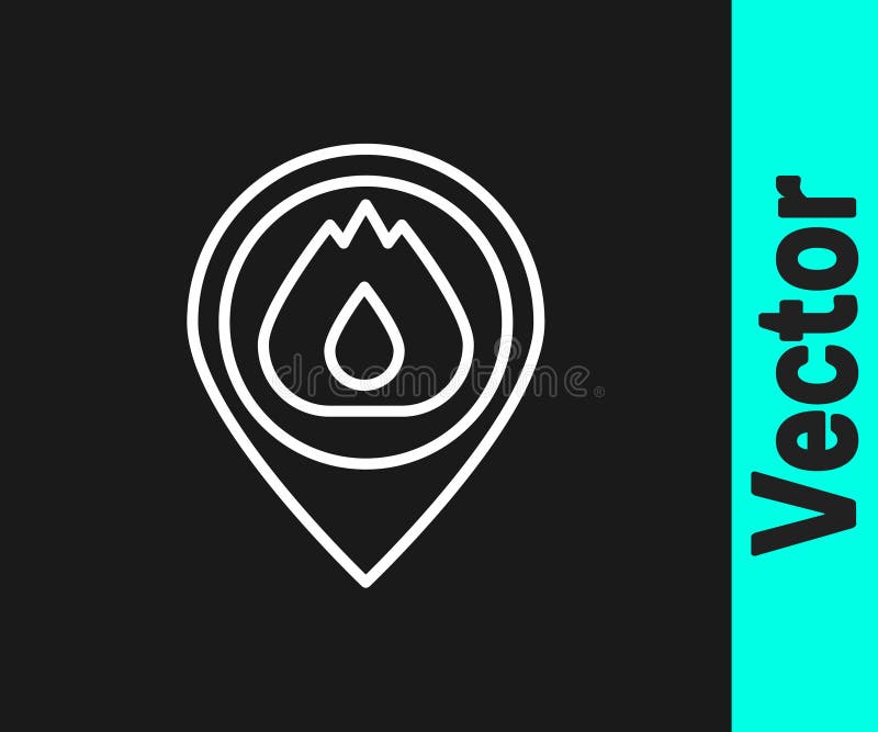 White Line Map Pointer with Fire Flame Icon Isolated on Black Background. Fire Nearby Stock ...
