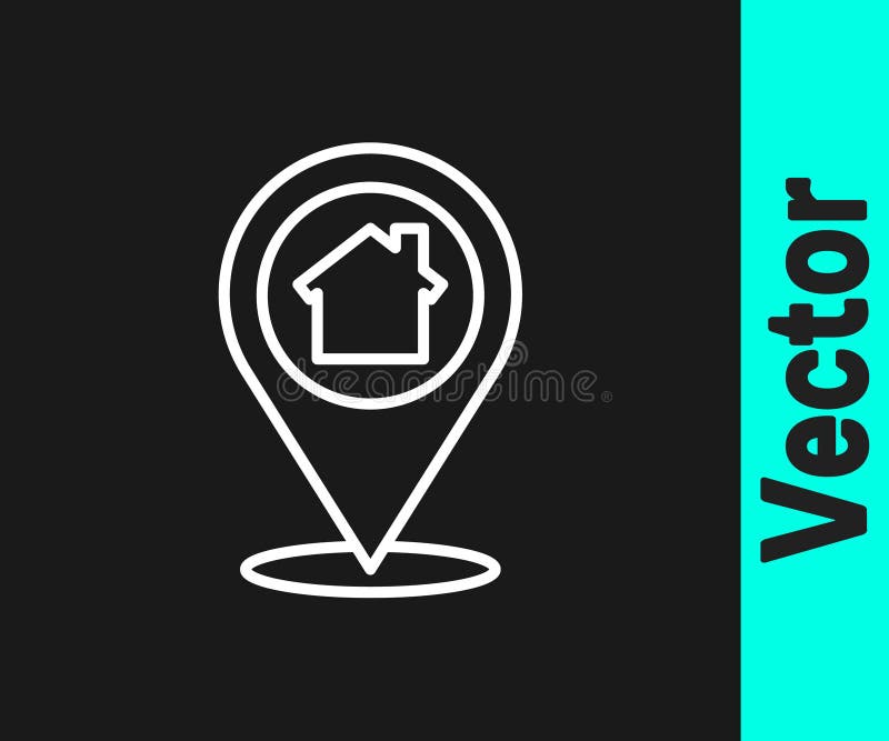 White Line Map Pointer with House Icon Isolated on Black Background. Home Location Marker Symbol ...