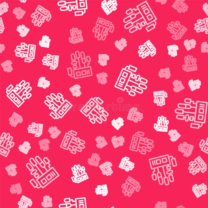 White Line Mechanical Robot Hand Icon Isolated Seamless Pattern on Red ...