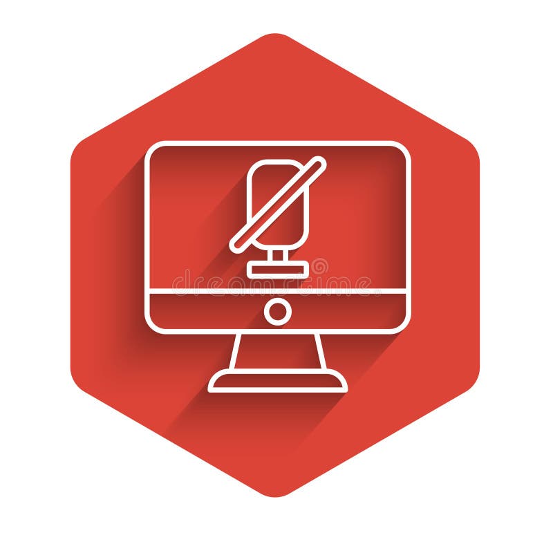 White Line Mute Microphone on Computer Icon Isolated with Long Shadow ...