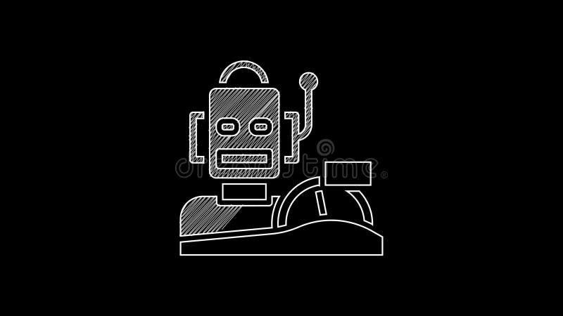 White Line Robot Humanoid Driving a Car Icon Isolated on Black ...