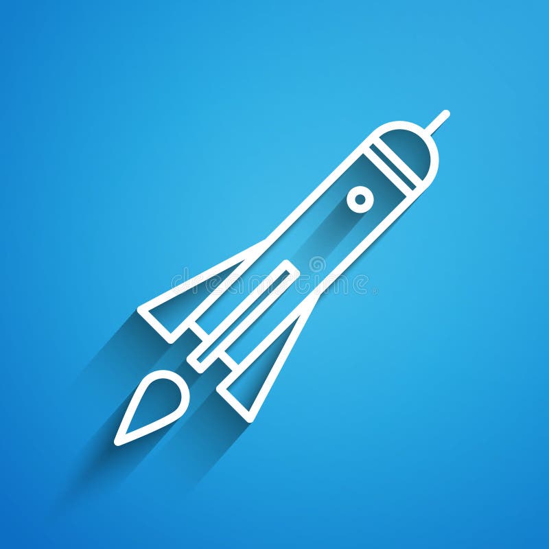 White Line Rocket Ship with Fire Icon Isolated on Blue Background ...