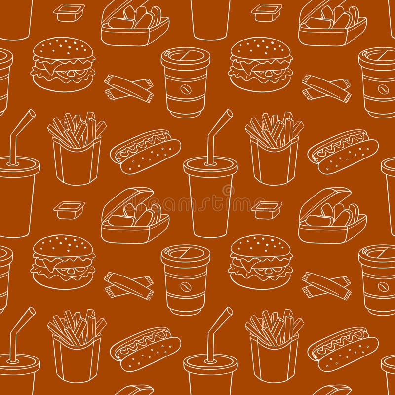 White Line Seamless Pattern with Fast Food Stock Vector - Illustration ...