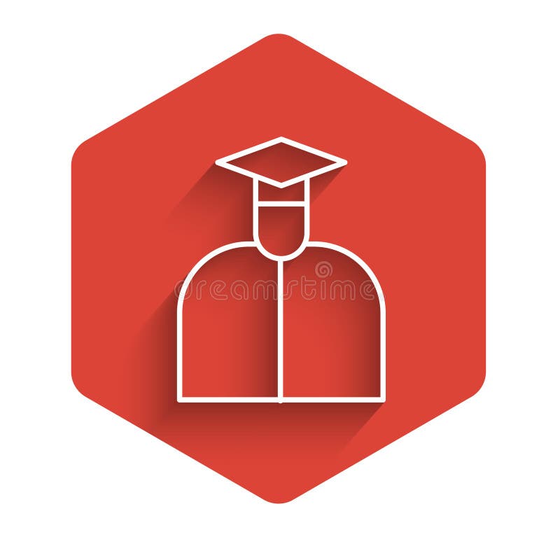 White Line Student Icon Isolated with Long Shadow. Red Hexagon Button ...