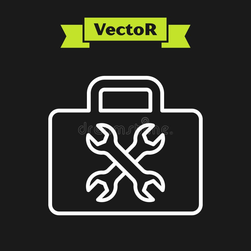 White Line Toolbox Icon Isolated on Black Background. Tool Box Sign ...