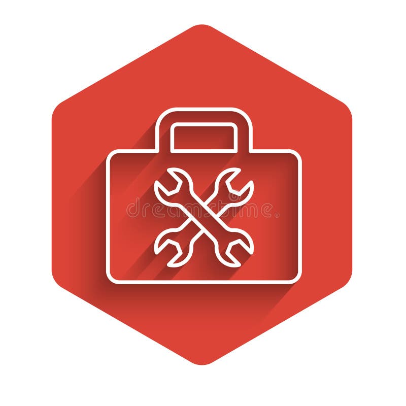 White Line Toolbox Icon Isolated with Long Shadow. Tool Box Sign. Red ...