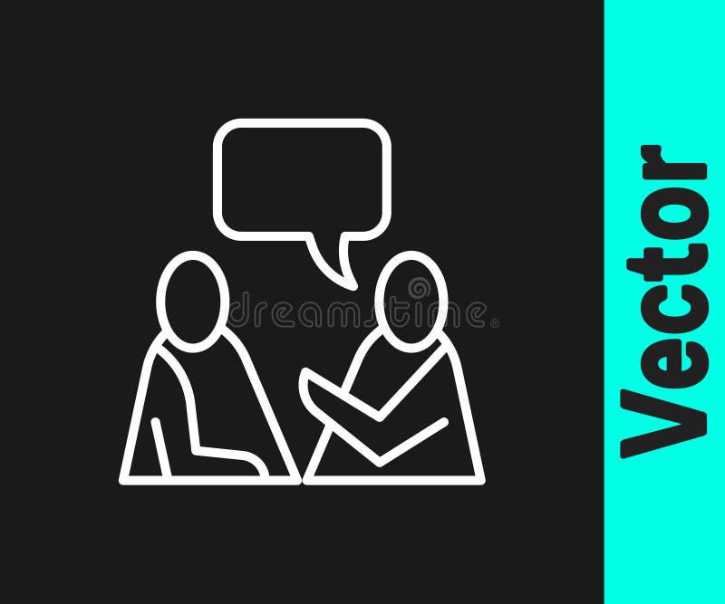 White Line Two Sitting Men Talking Icon Isolated on Black Background ...