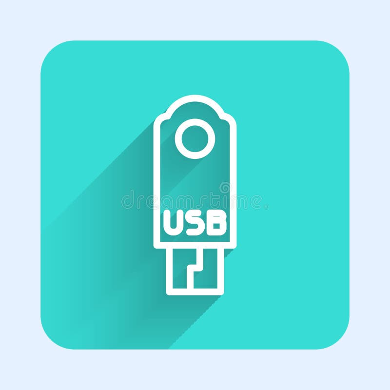 White Line USB Flash Drive Icon Isolated with Long Shadow. Green Square ...