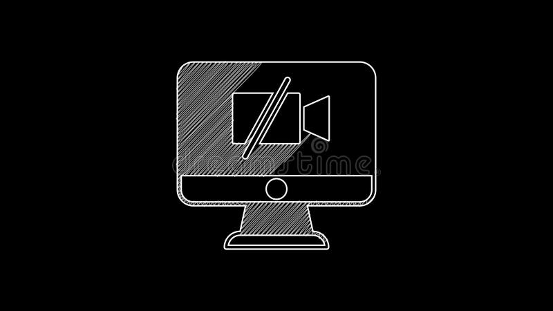 White Line Video Camera Off on Computer Icon Isolated on Black ...