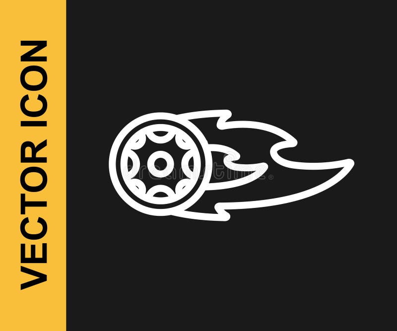 White Line Wheel in Fire Flame Icon Isolated on Black Background ...