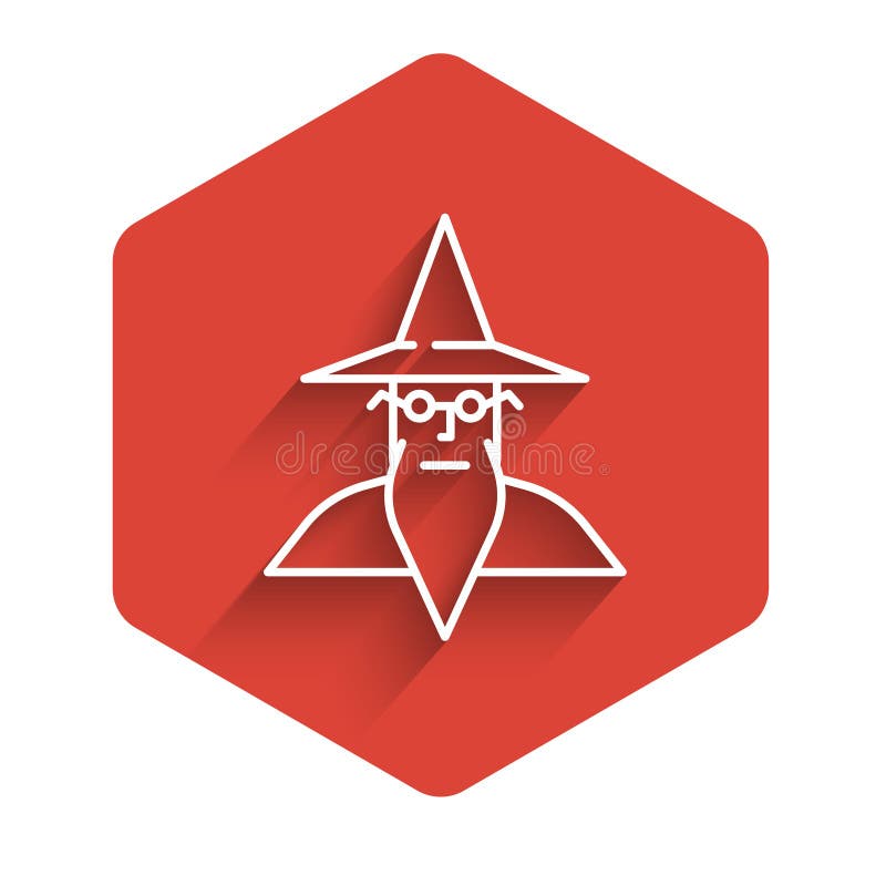White Line Wizard Warlock Icon Isolated with Long Shadow. Red Hexagon ...