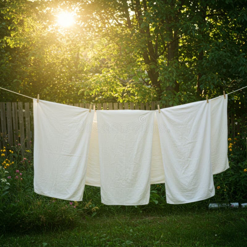 White Linen Sheets Drying on Clothesline in Sunny Garden Stock Photo ...