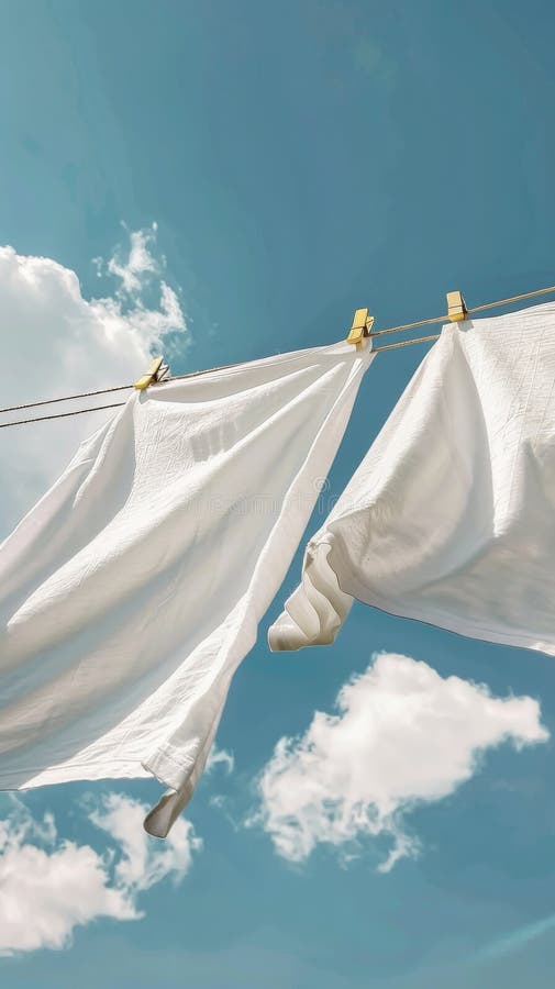 White Linens Hanging on a Clothesline Against a Blue Sky with Clouds ...