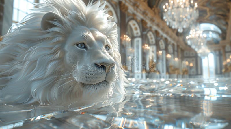 White Lion with Blue Eyes Inside Fantasy Castle Stock Illustration ...