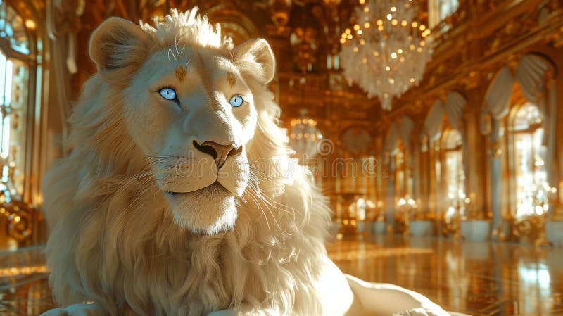 White Lion with Blue Eyes Inside Fantasy Castle Stock Illustration ...