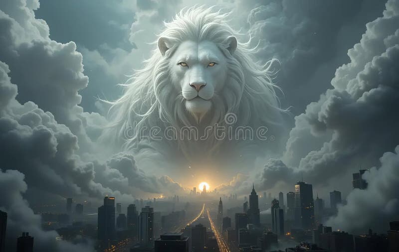 A White Lion Emerging from Storm Clouds, with a City Below Engulfed in ...
