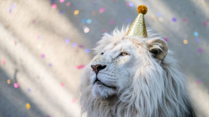 White Lion with Festive Party Hat and Confetti Celebrating in Studio ...