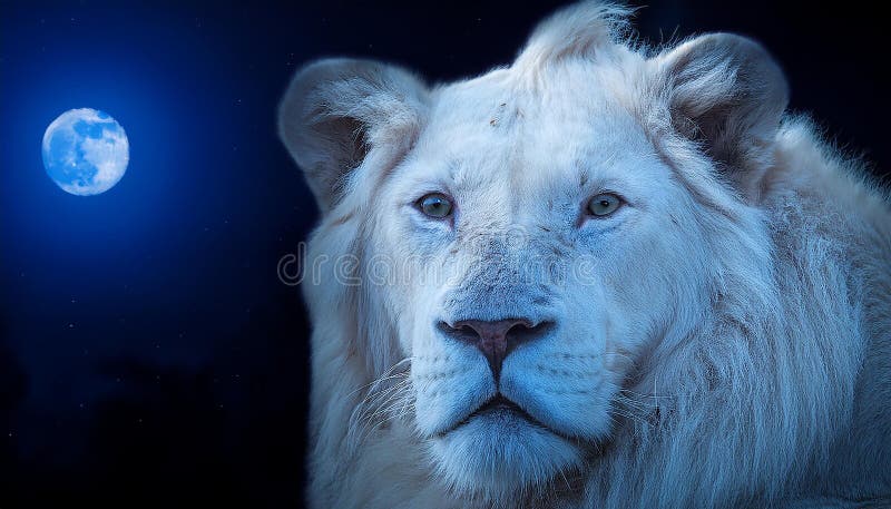 White lion in moon light stock illustration. Illustration of text ...