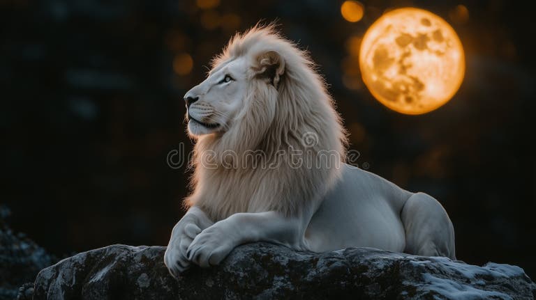 White Lion in the Moonlight Stock Image - Image of forest, landscape ...
