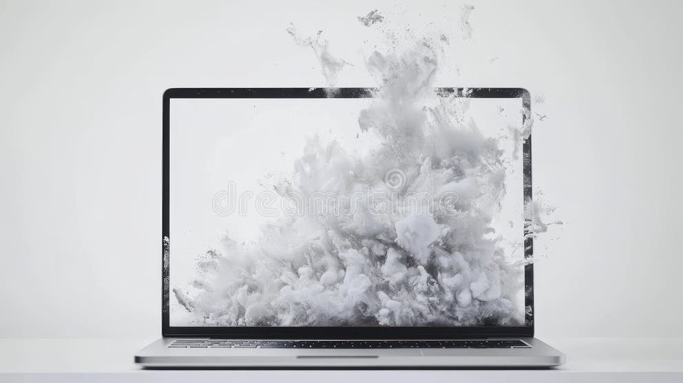 White Liquid Exploding from Laptop Screen on White Background Stock ...