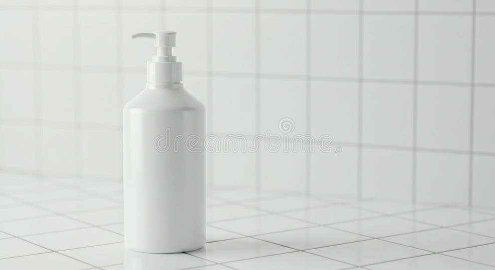 White Liquid Soap or Lotion Dispenser with a Pump Sits on a Tiled ...