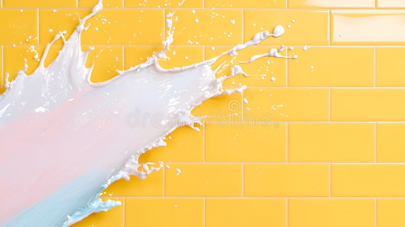 White Liquid Splashing Against Yellow Brick Tile Wall in Motion Stock ...