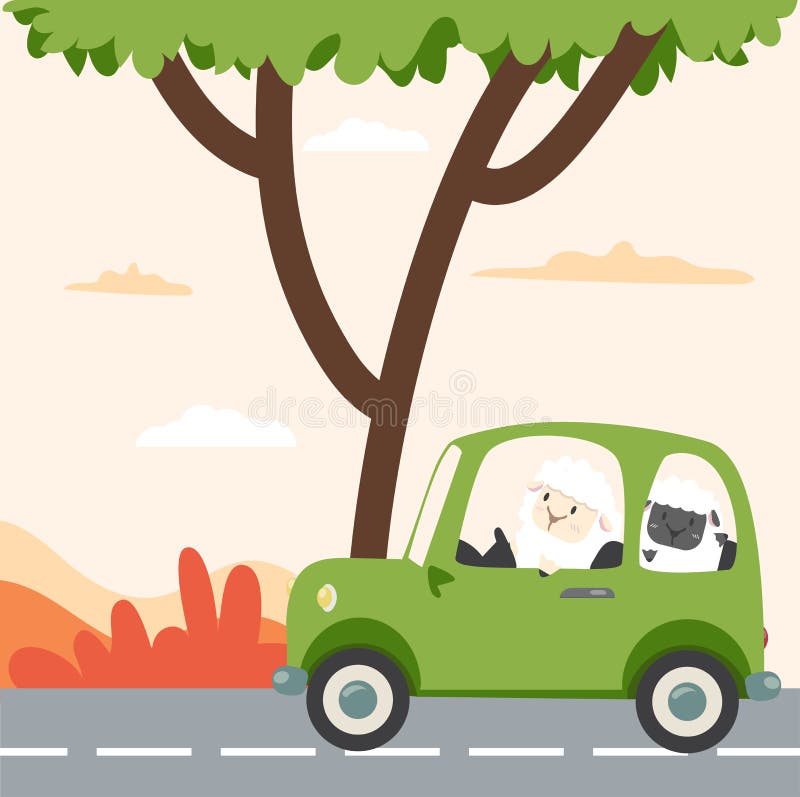 White Little Sheep and Black Sheep Driving Car Flat Styled Stock Vector ...