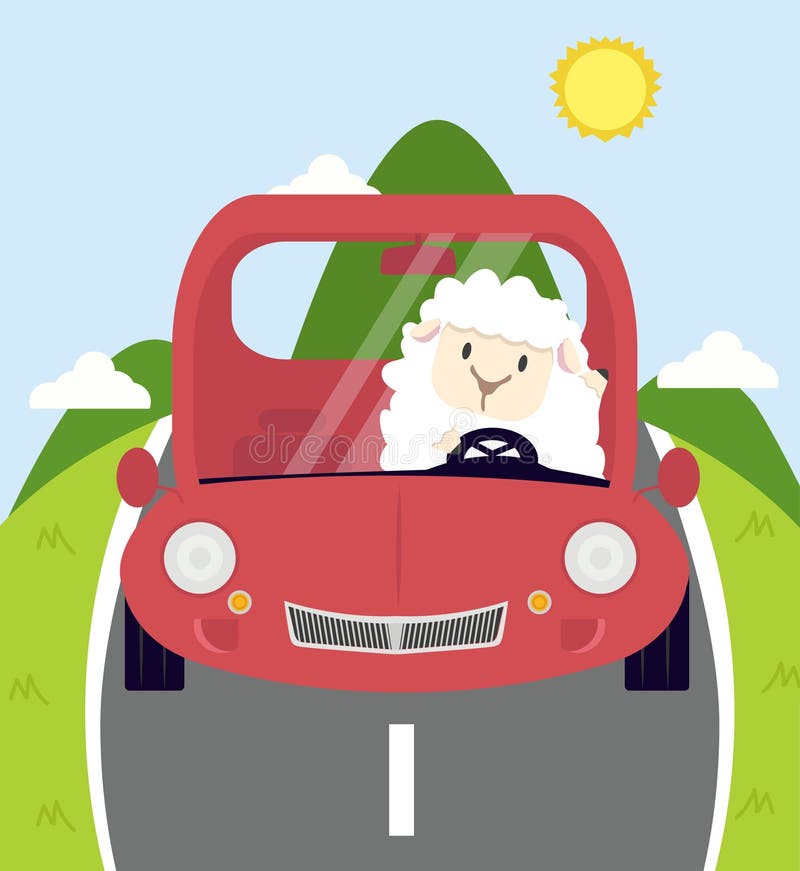 White Little Sheep Driving Car Background Stock Vector - Illustration ...