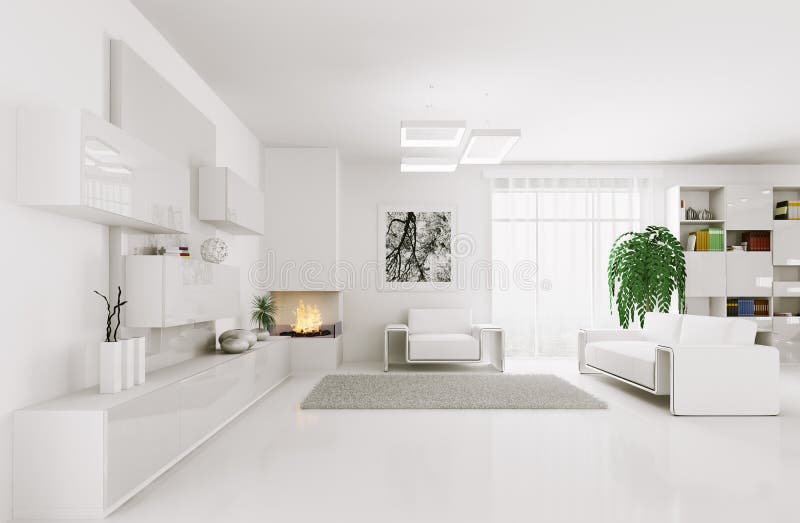 Interior of Modern White Living Room Rendering Stock Illustration ...