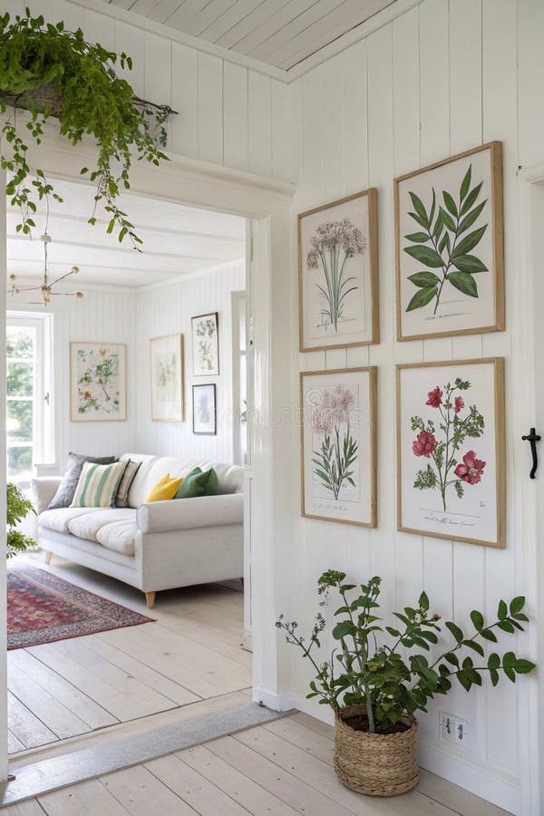 White Living Room with Botanical Posters and Sofa Stock Image - Image ...