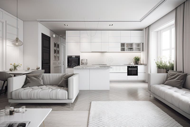 White Living Room and Kitchen Interior Generative AI Stock Illustration ...