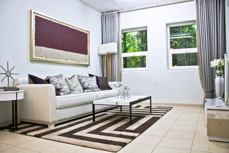 White Living Room Beside Window Stock Photo - Image of room, table ...