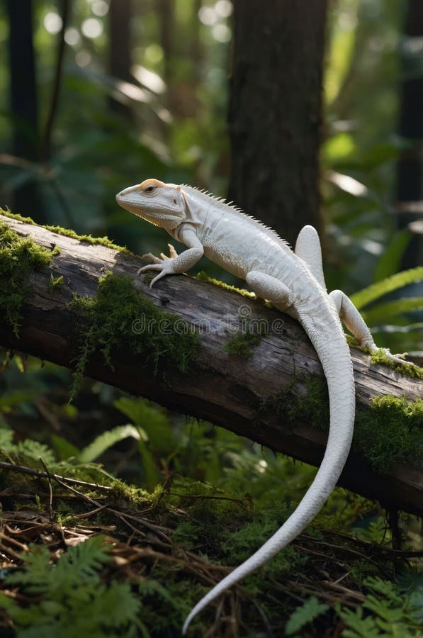 Albino Lizard on Mossy Log in Lush Rainforest Stock Illustration ...