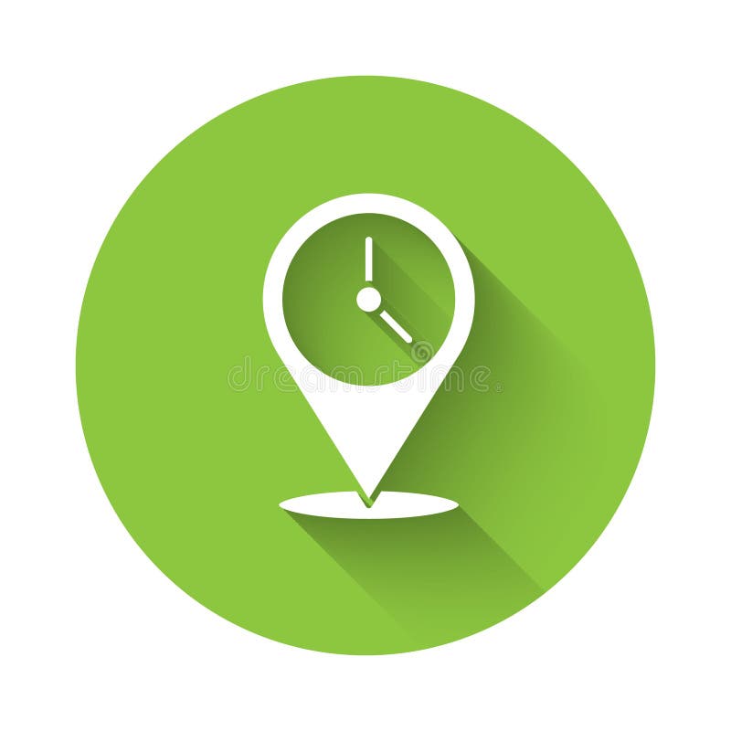 White Location with Clock Icon Isolated with Long Shadow. Green Circle ...