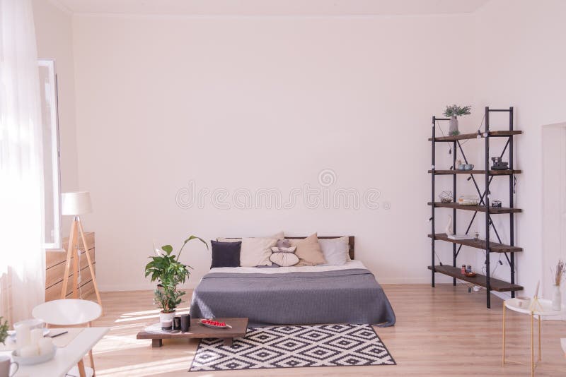 White Loft Bedroom Interior with Posters Stock Image - Image of minimal ...