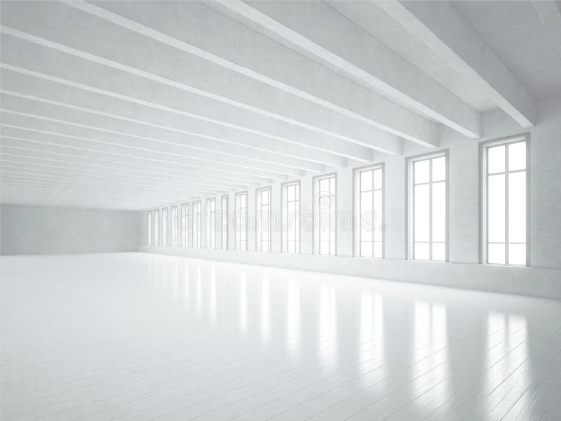White Loft Interior with Big Windows Stock Photo - Image of ceiling ...