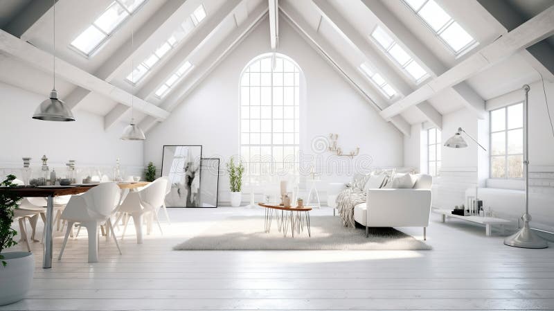 White Loft Interior in Scandinavian Style. Generative Ai Stock ...