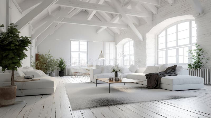 White Loft Interior in Scandinavian Style. Generative Ai Stock ...