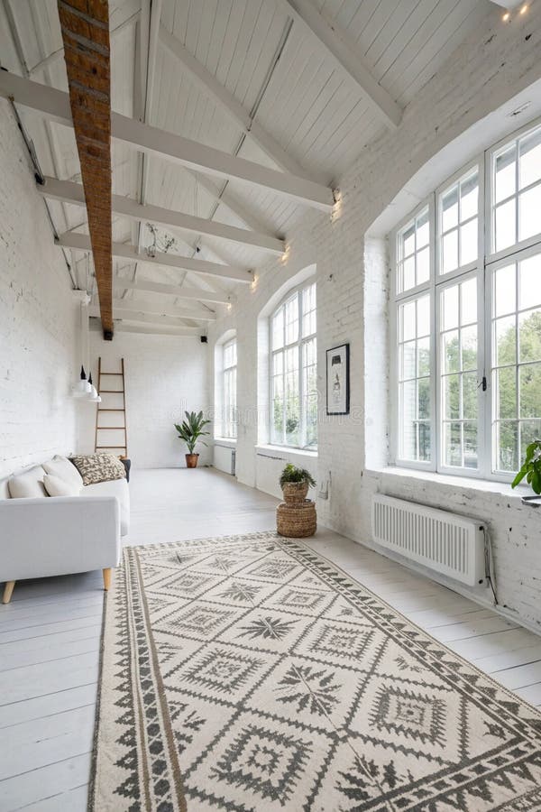 White Loft Interior in Scandinavian Style with Pattern Carpet Stock ...