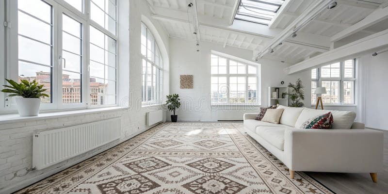 White Loft Interior in Scandinavian Style with Pattern Carpet Stock ...