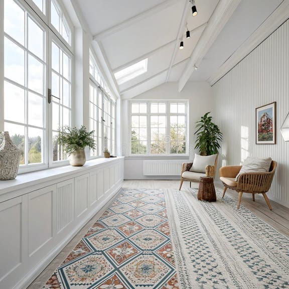 White Loft Interior in Scandinavian Style with Pattern Carpet Stock ...