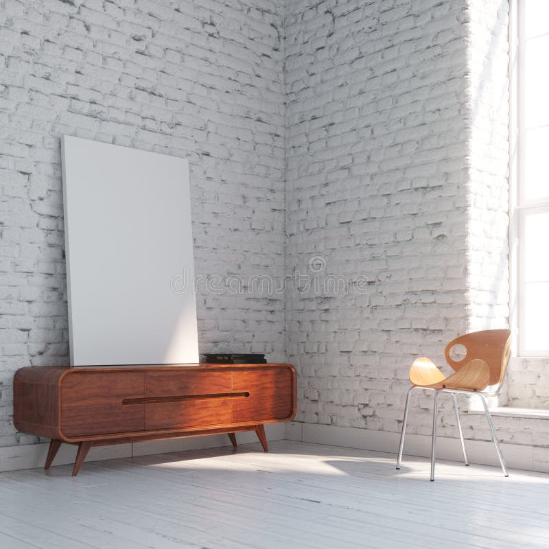 White Loft Room Interior with Mid Century Style Commode and Chair Stock ...