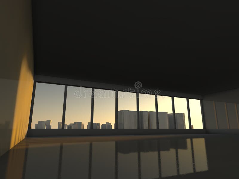 White Loft with Window To City 3D Rendering Stock Image - Image of ...