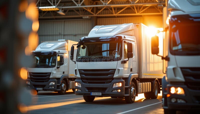 White Logistics Truck Fleet Parked Inside Warehouse with Sunlight ...