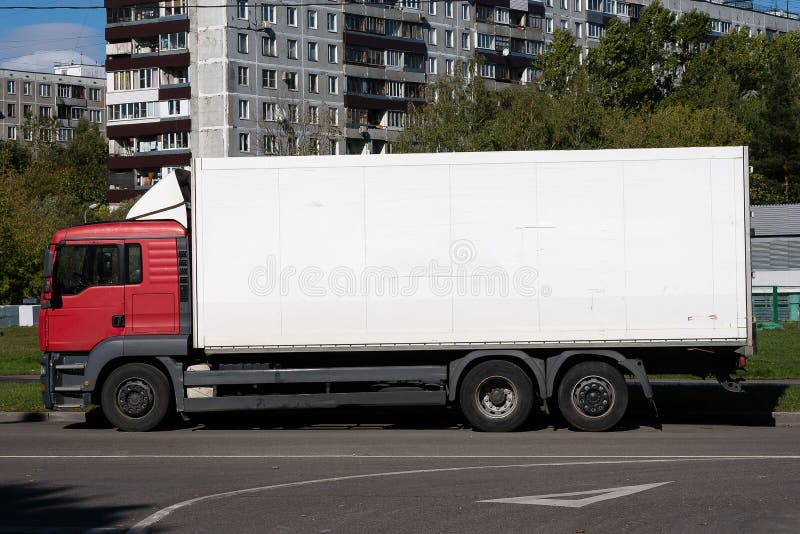 White Long Van with Red Cab Side View Stock Image - Image of industry ...