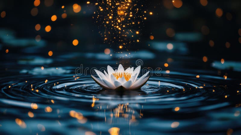 White Lotus Bloom with Glowing Sparks and Rippled Water at Night Stock ...