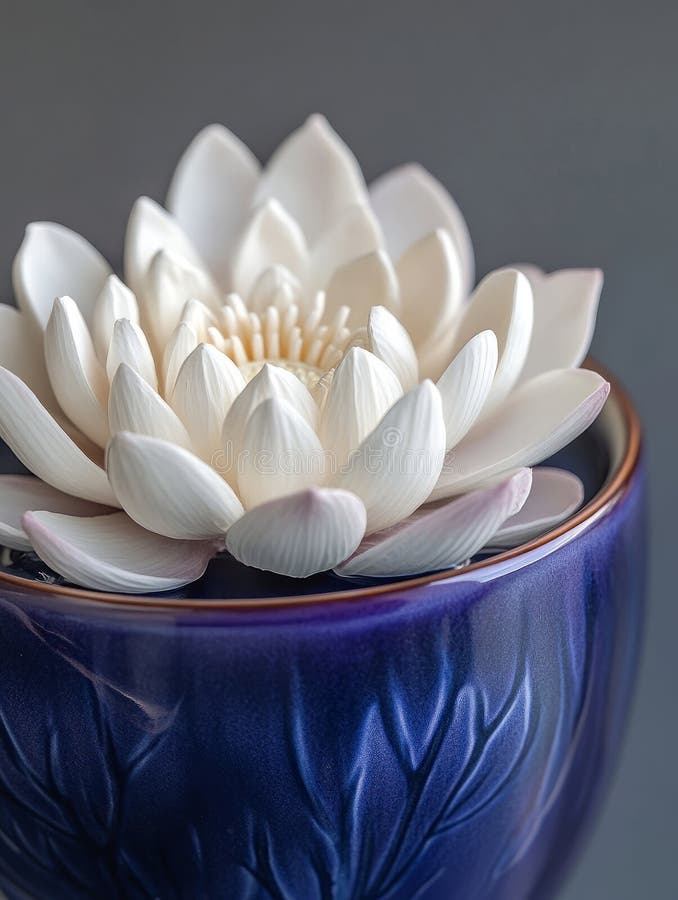 White Lotus Flower in a Blue Ceramic Vase. Stock Image - Image of ...