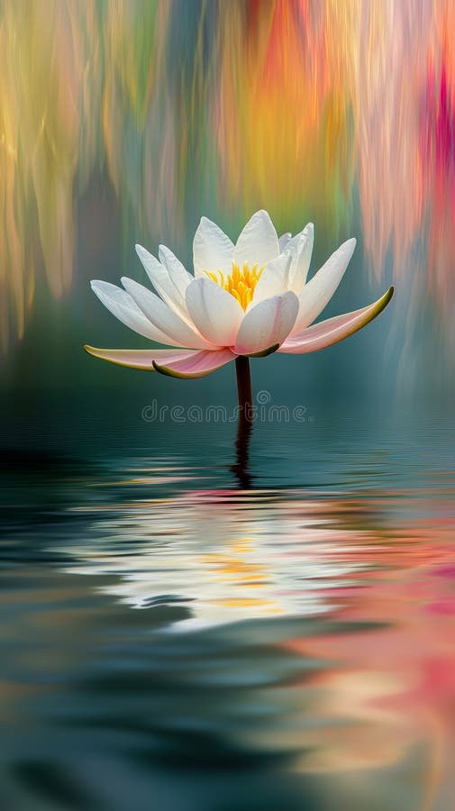 White Lotus Flower with Colorful Reflection in Calm Water Stock Image ...