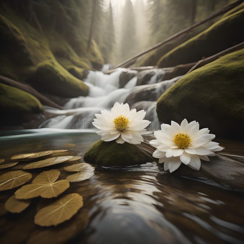 White Lotus Flower on the Rock in the Forest with Waterfall Background ...