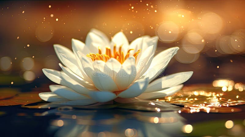 A White Lotus in a Golden Magic Pond. Generative Ai Stock Illustration ...